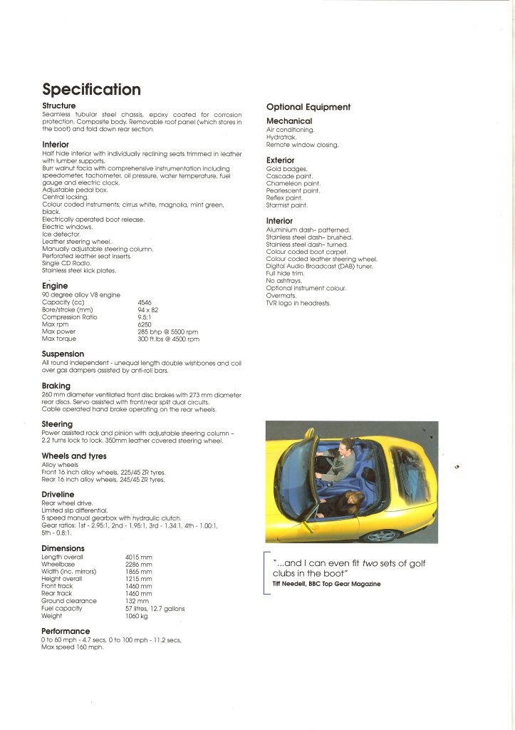 TVR Brochure information and specification sheets - James Agger Autosport