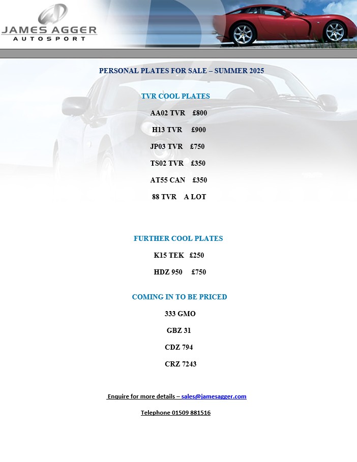 Number plates for sale currently - summer 2025 - James Agger Autosport